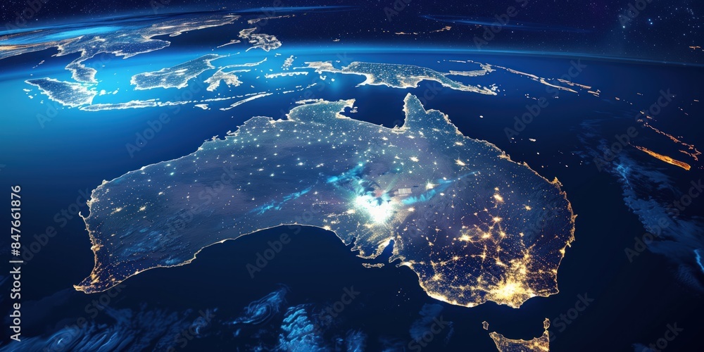 Satellite view of Earth at night showing illuminated cities in ...