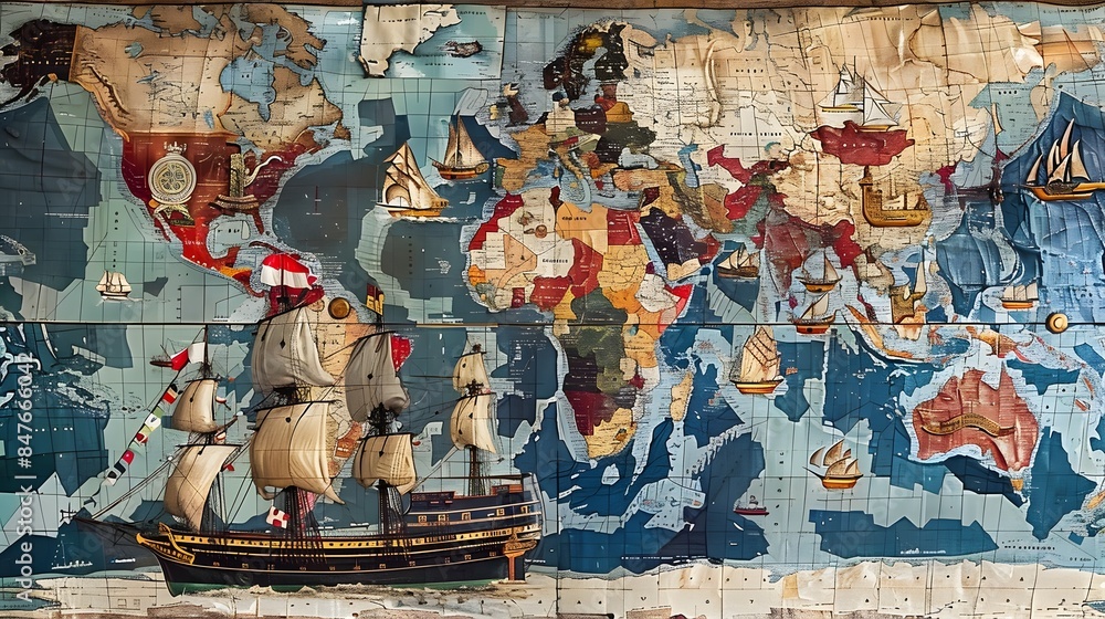 Vintage Illustrated World Map with Sailing Ships Exploring the Seas ...