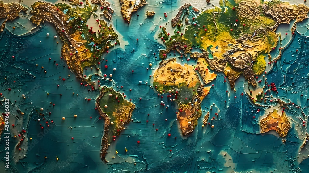 Detailed Multicolored 3D Illustrated Topographic World Map with ...