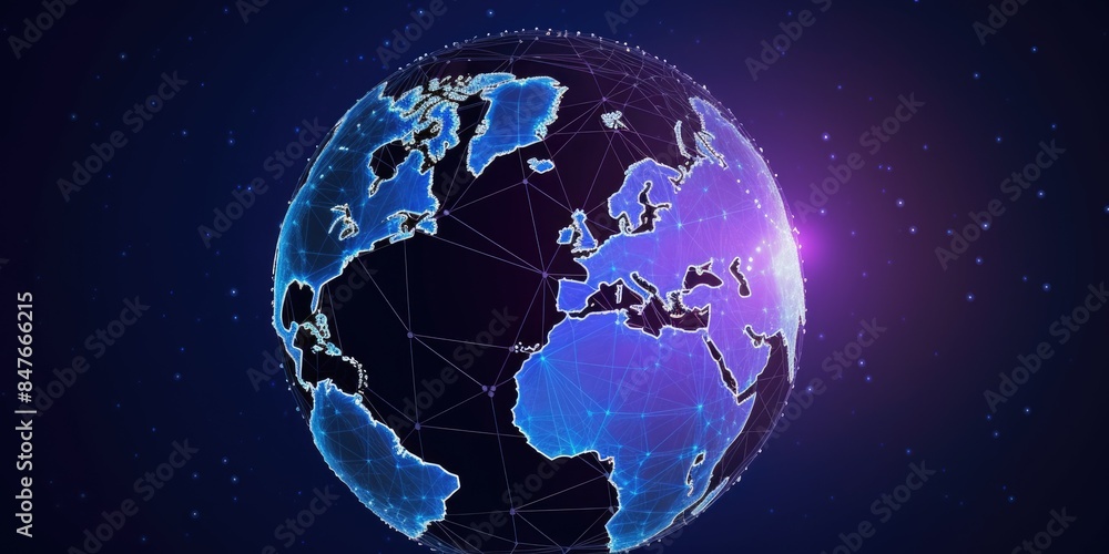 Gradient of blue and purple neon light dot with line connected on globe ...