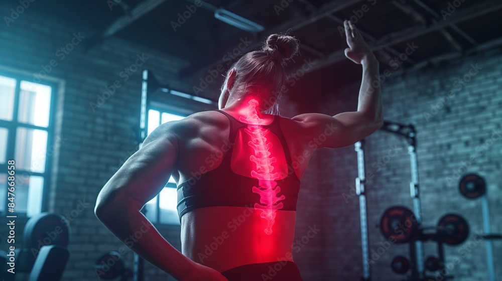 Capture a gym scene where a person struggles with back pain exacerbated ...