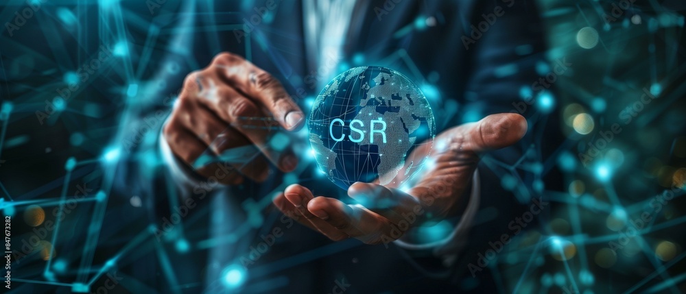 Corporate Social Responsibility, Businessman in suit holding glowing ...
