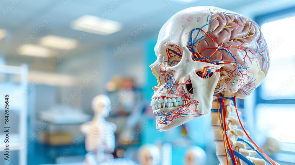 Anatomical model of the human skull and nervous system in an ...