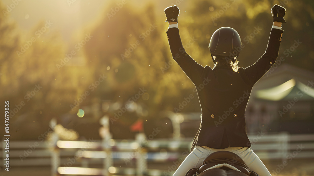Equestrian Rider Celebrates Flawless Performance: Back Turned to Camera ...