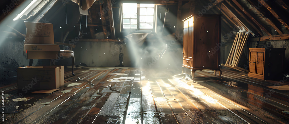 An attic space with old furniture and cardboard boxes, water dripping ...