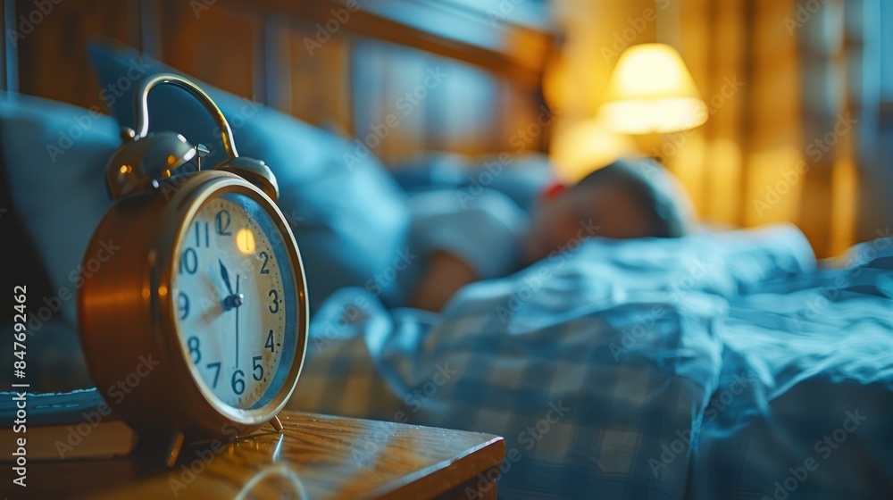Alarm clock on nightstand at night, kid sleeping, blur bedroom ...