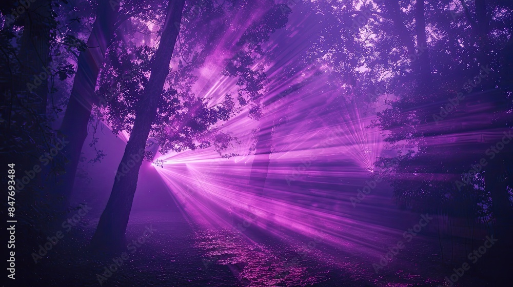a strobe light emitting purple beams of light in an outdoor, dark space ...