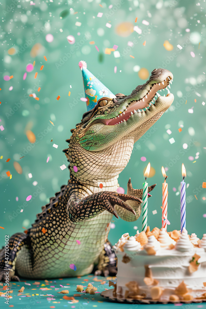 happy crocodile wearing a birthday hat blowing out candles on a cake ...