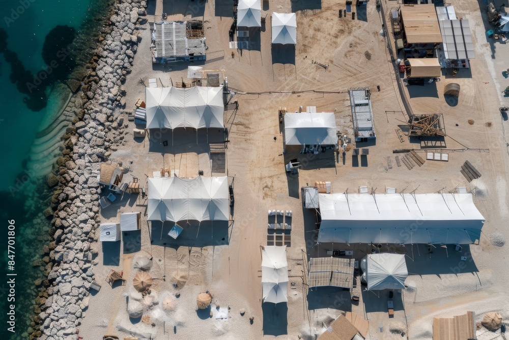 An aerial view of the Fyre Festival site with scattered tents and stage ...