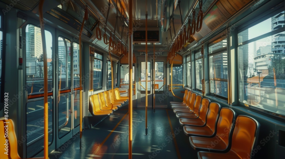 Empty tram with yellow seats and large windows, capturing an urban ...