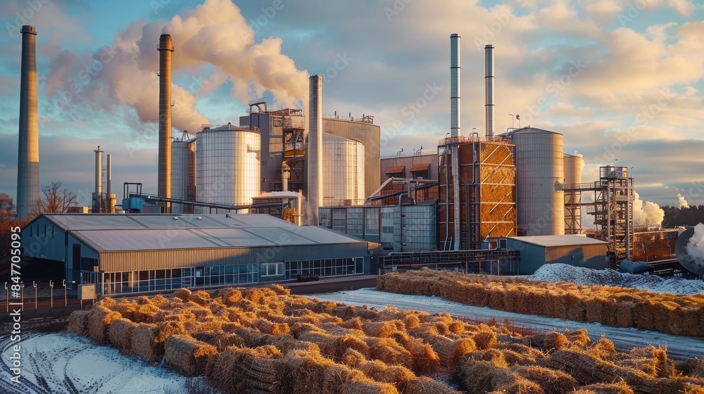 Biomass energy plant with smoke stacks, converting waste to energy ...