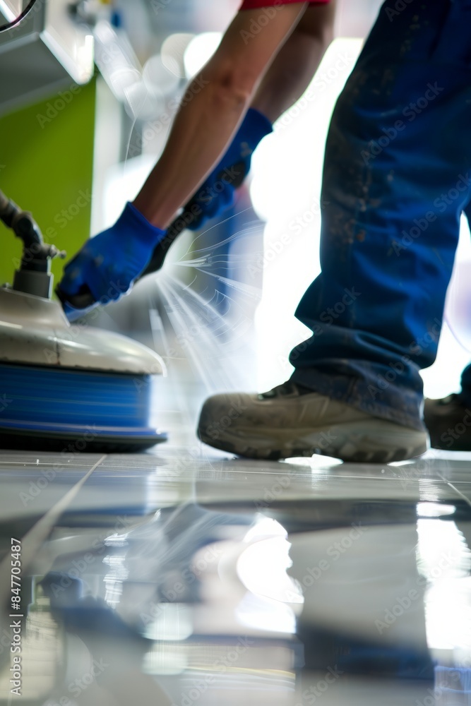 Professional Photography of a janitor using a floor buffer to shine ...