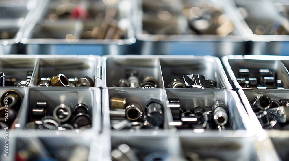 Factory storage bins close-up, assorted small components, no humans ...