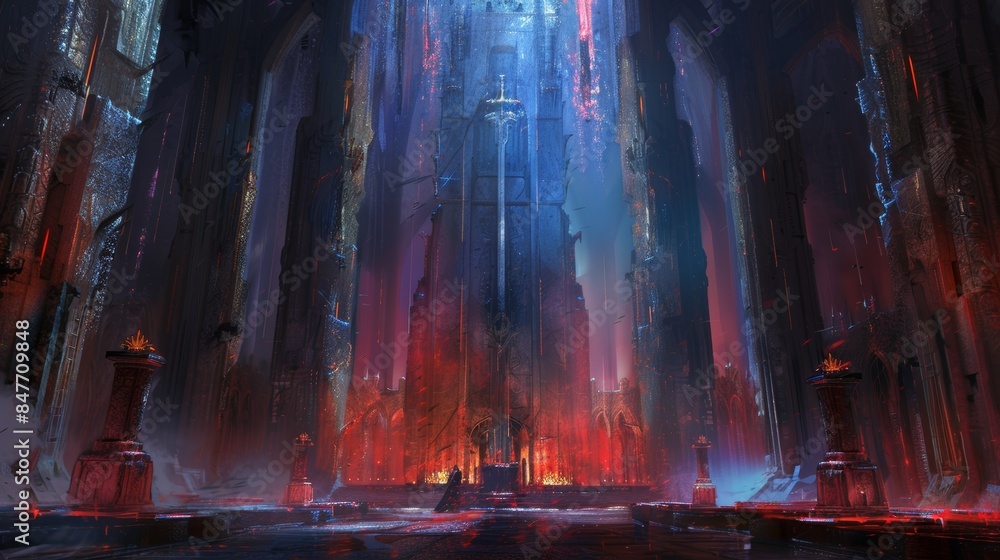 3D rendering of a mysterious dungeon entrance with opening gates in ...