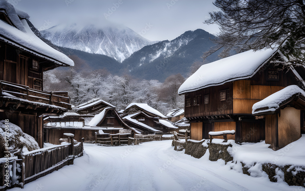Pristine snow covering the traditional wooden houses of Shirakawa-go ...