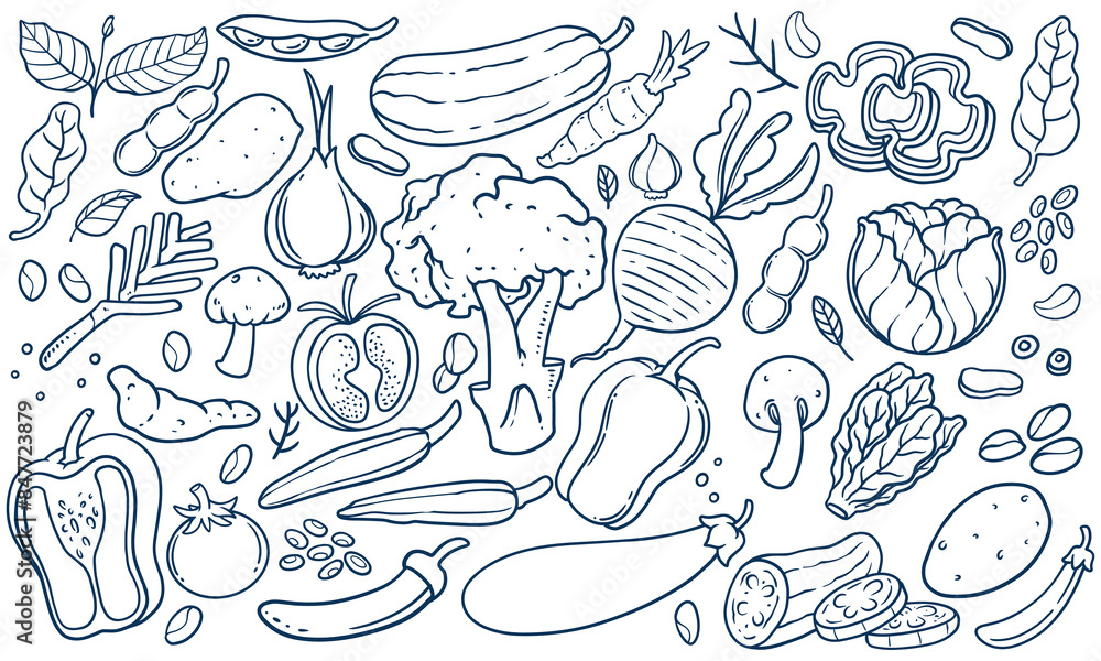 Monochrome Vegetable Doodle Illustration set. Hand drawn set of ...
