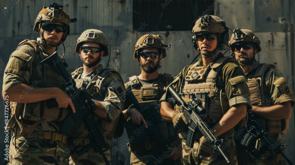 Five soldiers confidently pose with their rifles in tactical gear, set ...