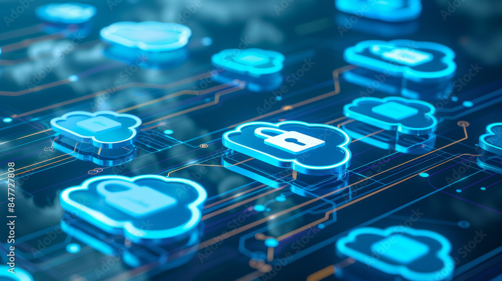 Digital graphic of cloud data security, showcasing protection layers like digital locks and ...
