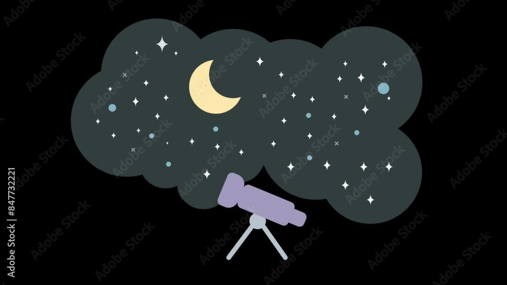 Illustration of telescope to see night sky, stars, and moon. Animated ...