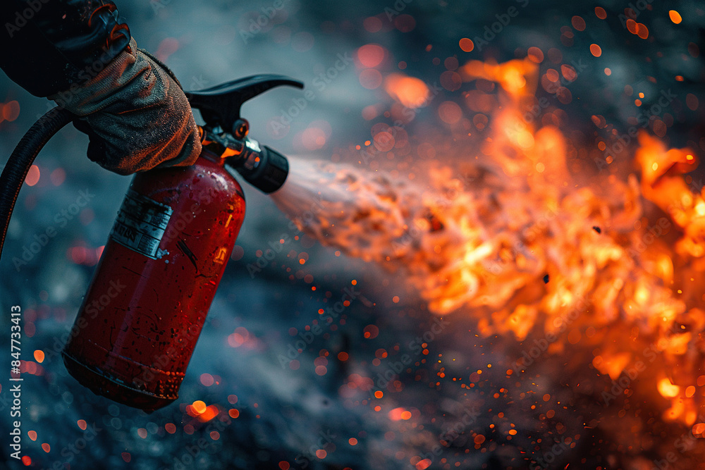 Extinguishing a fire with a carbon dioxide fire extinguisher. Fire ...