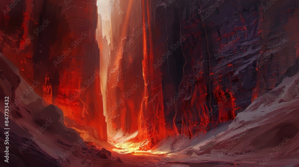 Desert canyon with narrow pathways and towering walls of red rock ...