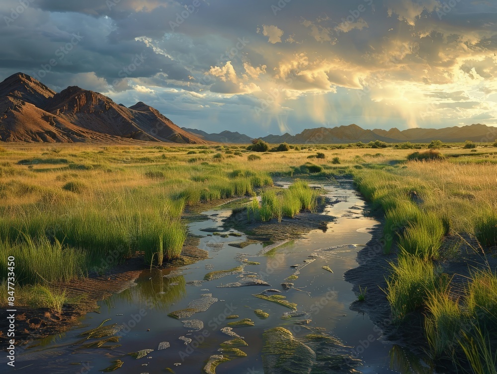 Desert landscape after a rare rainfall, with temporary streams and ...