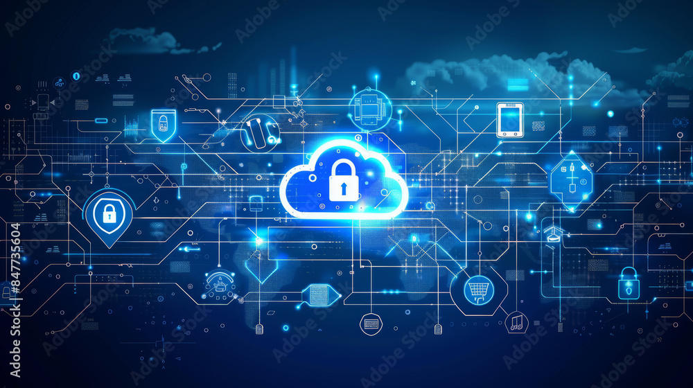 Digital graphic of cloud data security, showcasing protection layers like digital locks and ...
