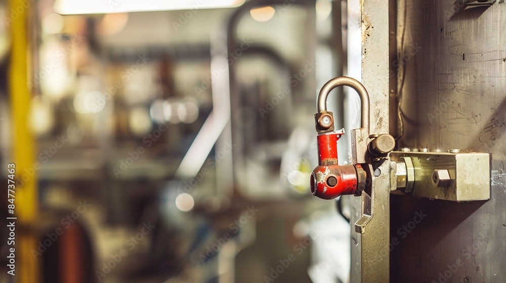 Safety lockout tagout on factory equipment, close-up, no people, focus ...