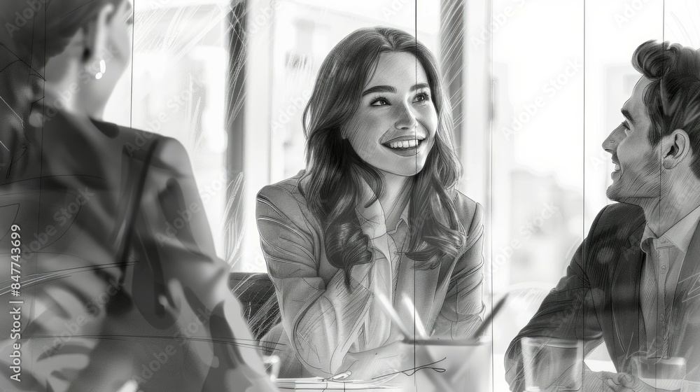 hand draw, pencil drawing Female business leader smiling while ...