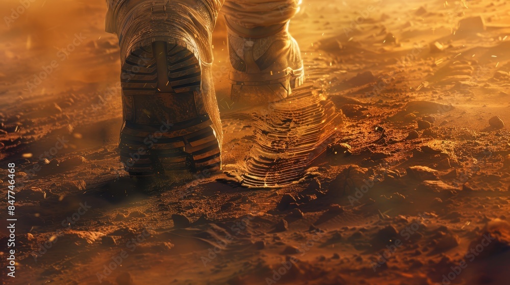 A dramatic scene depicting the first human steps on Mars, with an ...