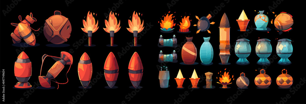 Vetor de Cartoon military explosive devices, military grenades, and a ...