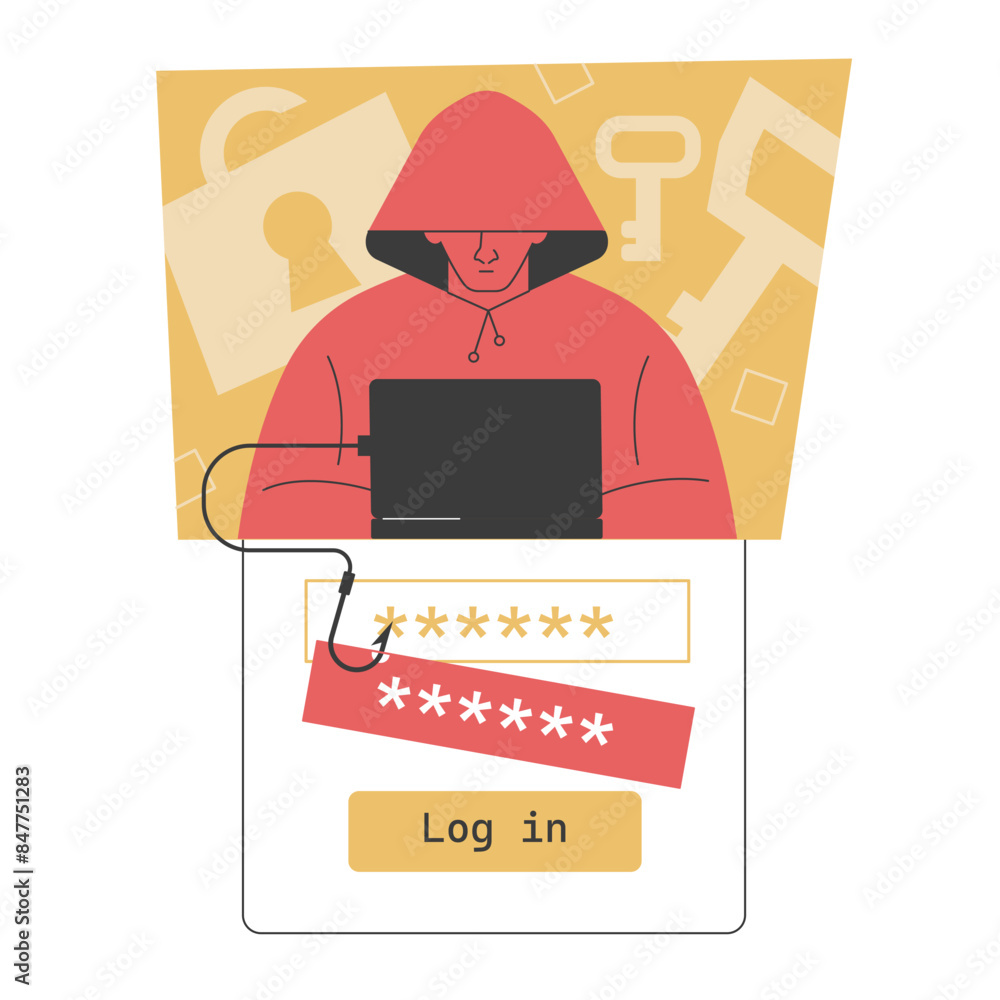 Vector illustration of a hacker conducting a phishing attack to steal passwords, highlighting ...