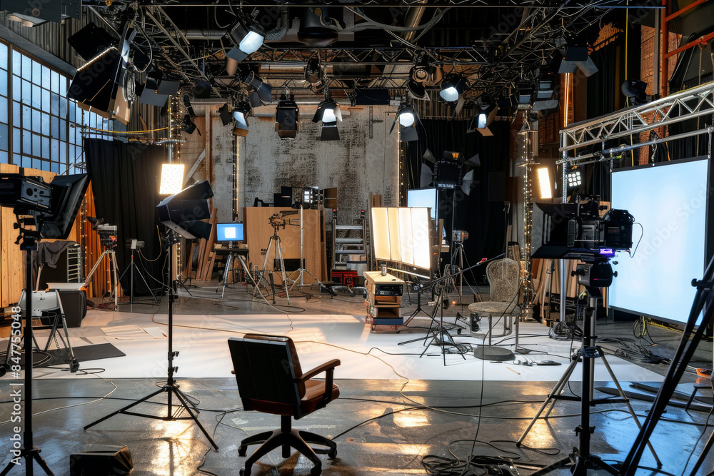 A bustling film set, brimming with LED lights, cameras, and crew ...