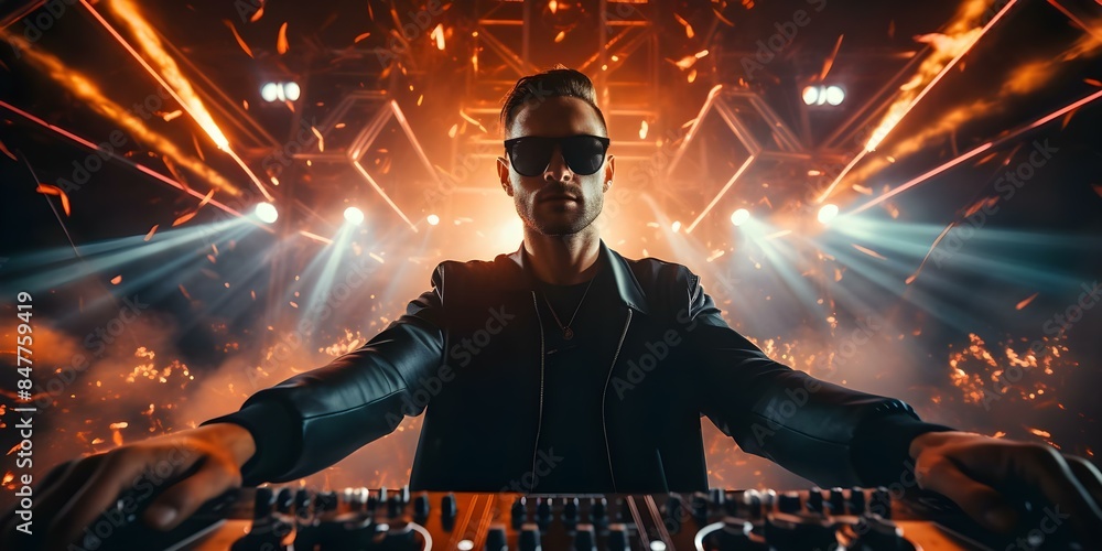 DJ performs energetically for crowd with flashing lights and ...