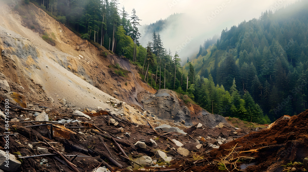 Mountain landslide in an environmentally hazardous area. Large cracks ...