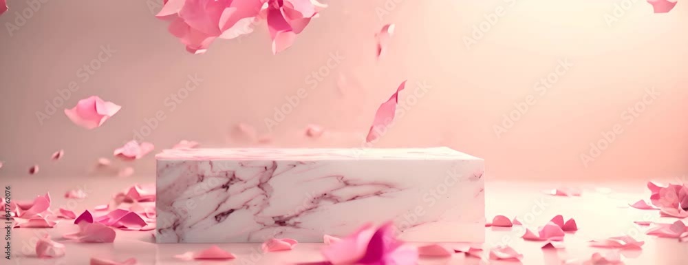 product podium with marble block, pink rose petals flying around ...