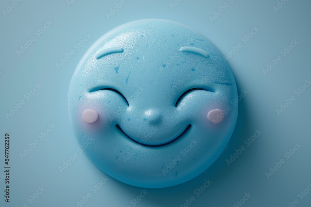 Smiling blue baby face emoji close-up with rosy cheeks on light blue ...
