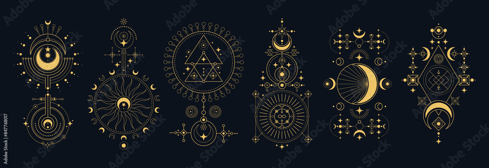 Set of space and mystic sign. Vector night symbols with sun, crescent ...