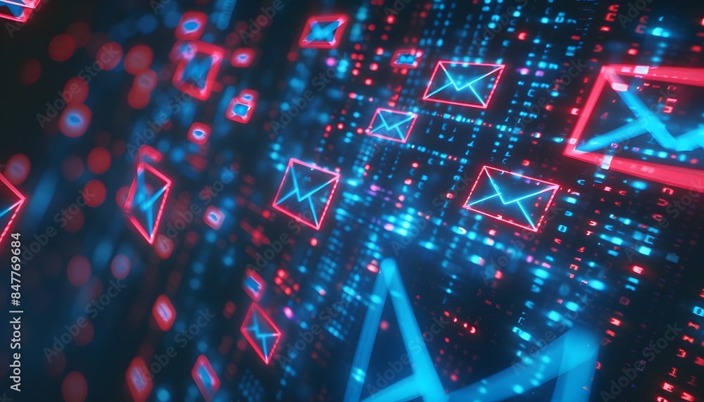 Digital background featuring the symbol of an email surrounded by binary code and data streams ...