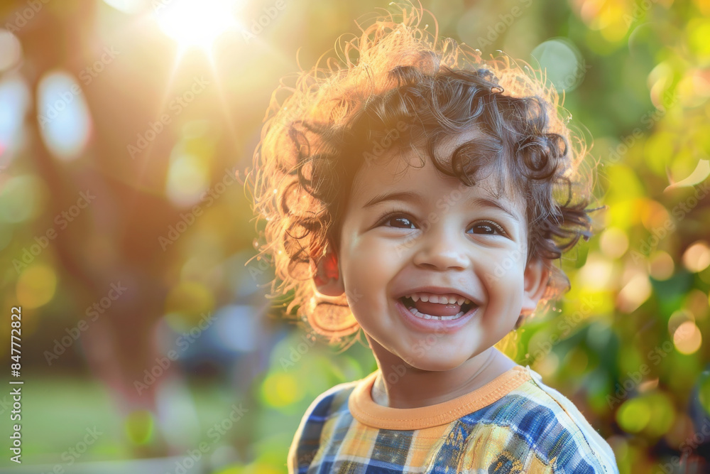 An outdoor setting captures a happy young child with curly hair, beaming amid nature with the ...