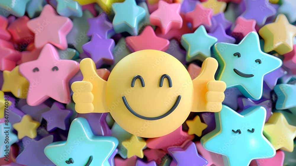 Smiley face surrounded by positive symbols, thumbs-up gestures, stars ...