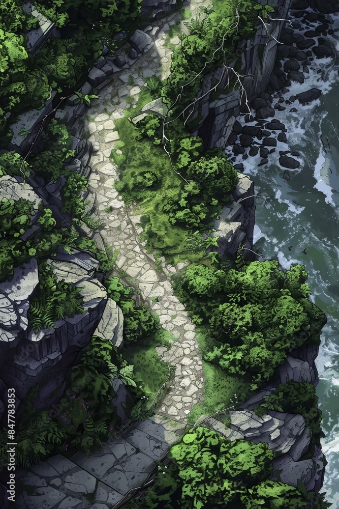 DnD Battlemap Windswept cliff path with a tree. Stock Illustration ...