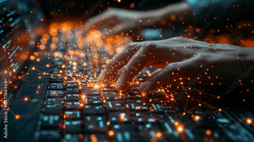 fingers dancing across a keyboard, as lines of code come to life on a ...