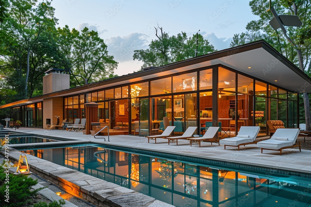 /imagine A mid-century modern suburban home with large glass panels, a ...