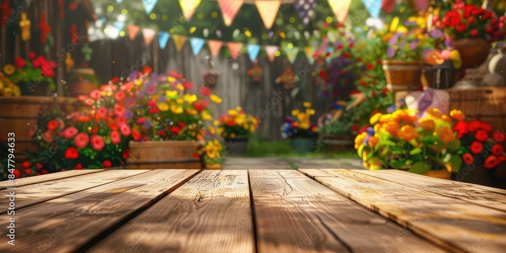 Colorful garden with flowers, Wooden deck with sunlight, Vibrant ...