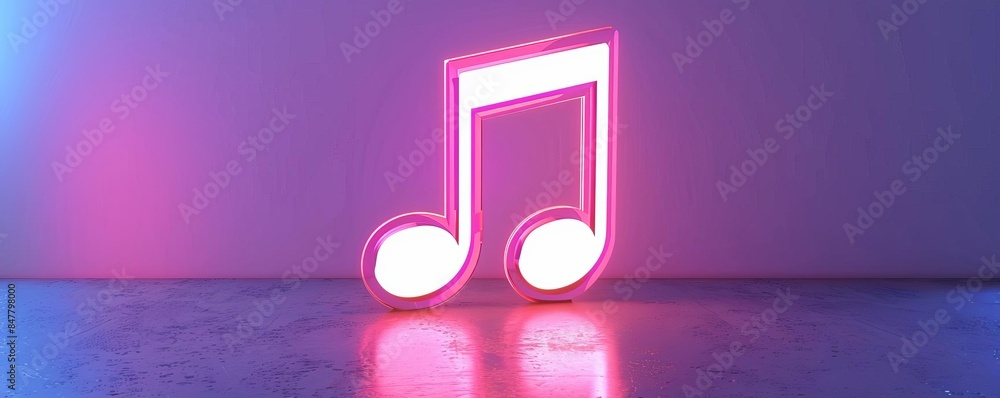 3D music note icon, white and pink neon lights on a purple background ...