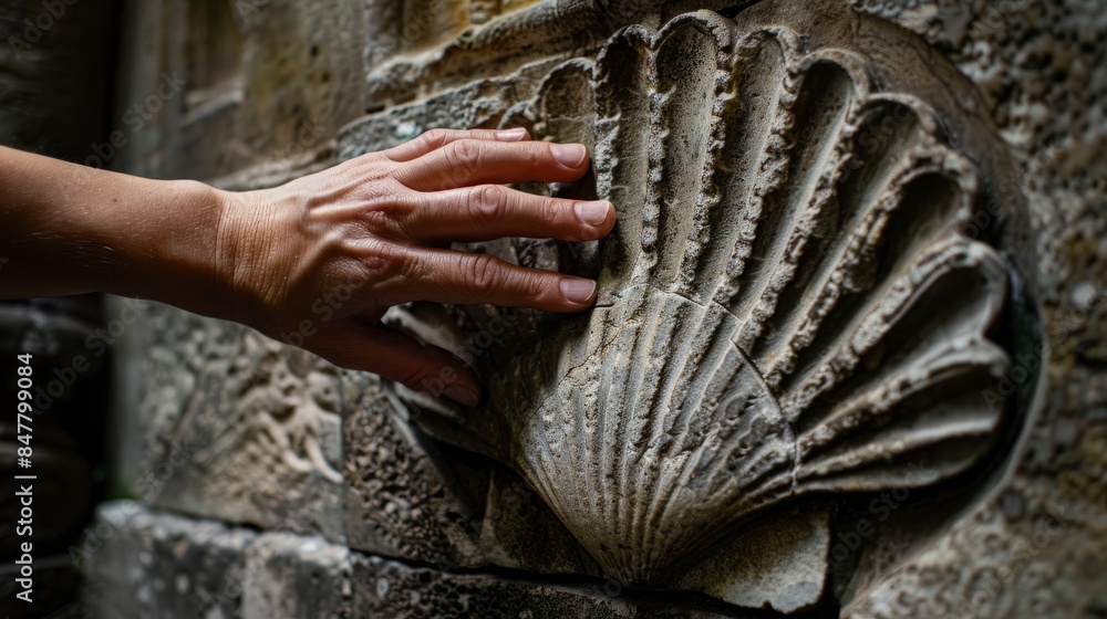 A close-up photo of a pilgrims hand gently touching a scallop shell ...