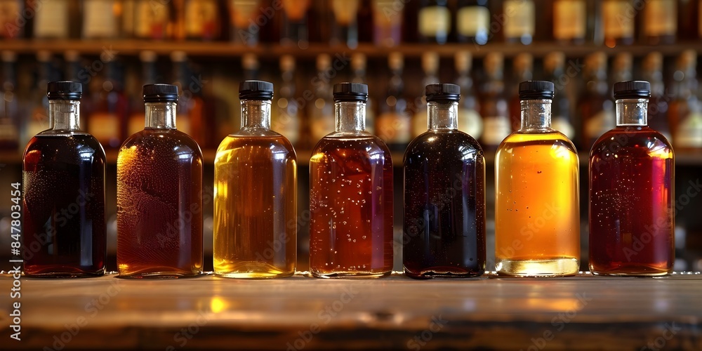 Bottles of bitters infusions displayed on a bar counter. Concept ...