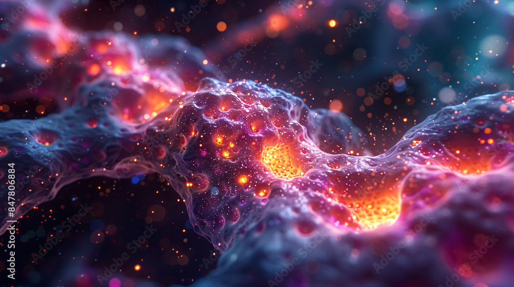 Glowing cellular pathways, like the endoplasmic reticulum, shimmer in a ...