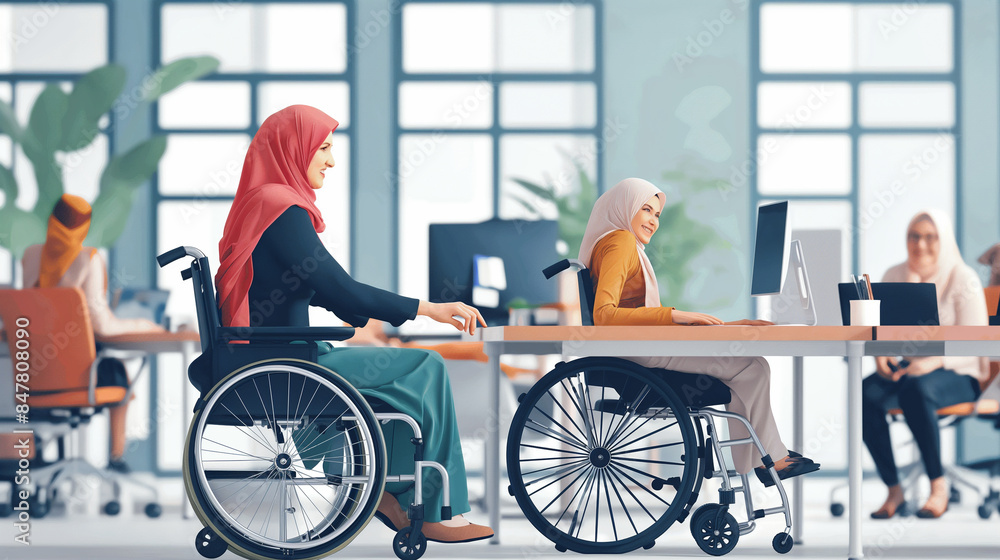 A vibrant office setting shows a happy Muslim woman bonding with her ...